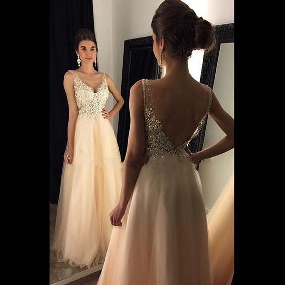 Sexy V-neck Long Prom Dress, 2017 Peach Long Prom Dress, Formal Evening ...