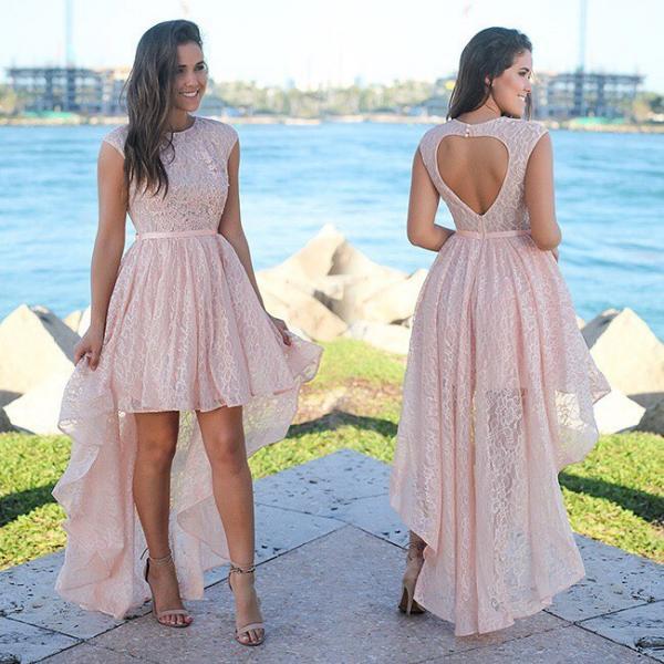 Princess High Low Pink Lace Prom Dress With Heart Cutout on Luulla